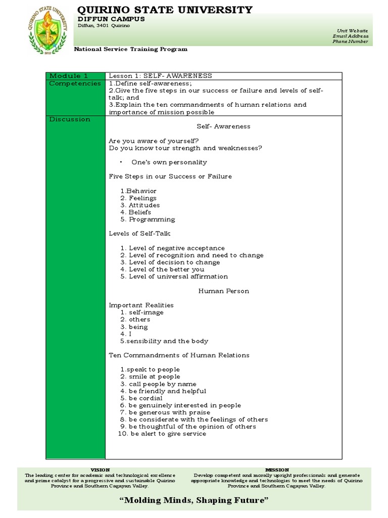 Self-Awareness and Values in NSTP | PDF | Courage | Learning