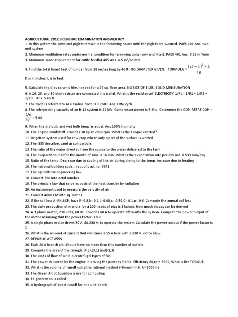 2012 Agricultural Licensure Exam Answers | PDF | Power (Physics ...