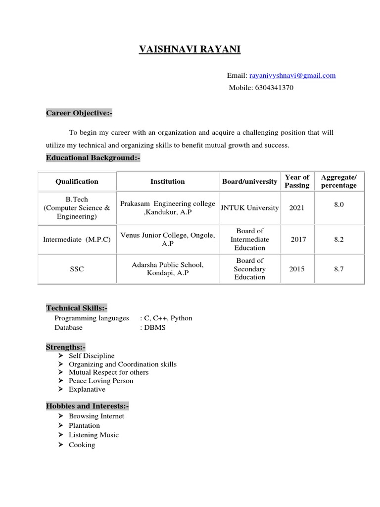 Vaishnavi Rayani: Career Objective | PDF | Computing