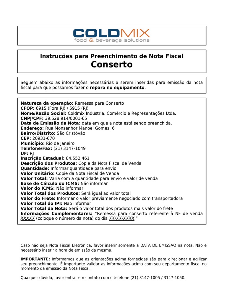Orientações Nota Fiscal - CONSERTO | PDF