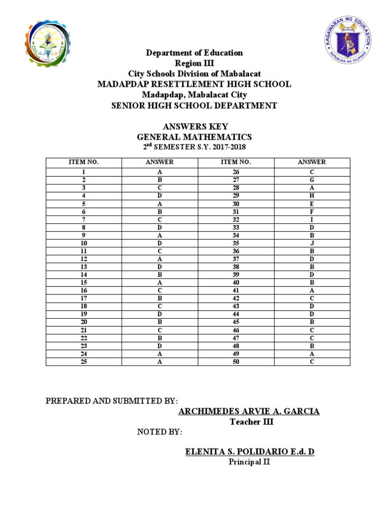 Answer Key Gen. Math. 2nd Quarter | PDF | Mathematics | Science