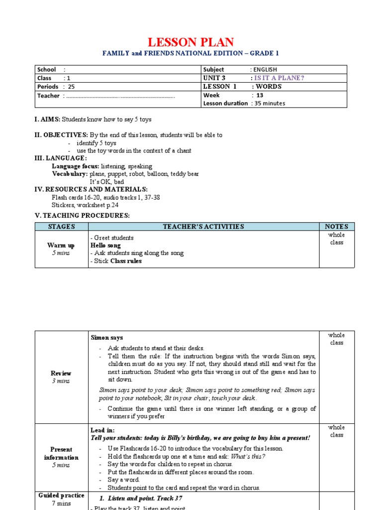Lesson Plan: Family and Friends National Edition - Grade 1 | PDF ...