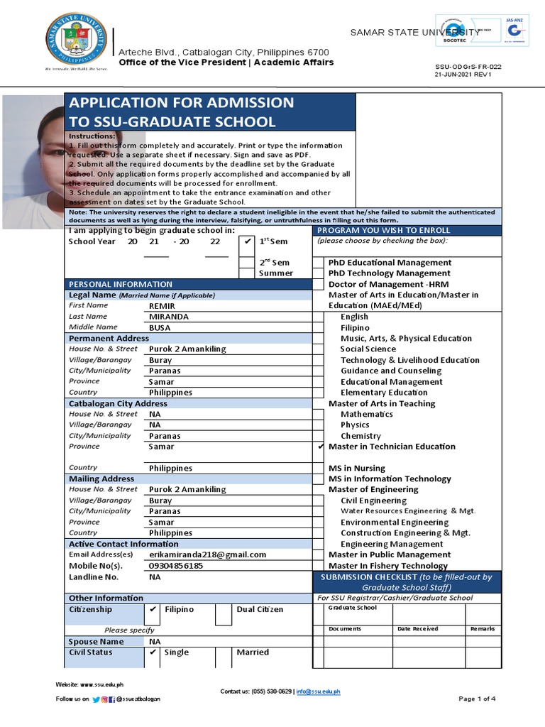 Application For Admission To Ssu-Graduate School: Instructions | PDF ...