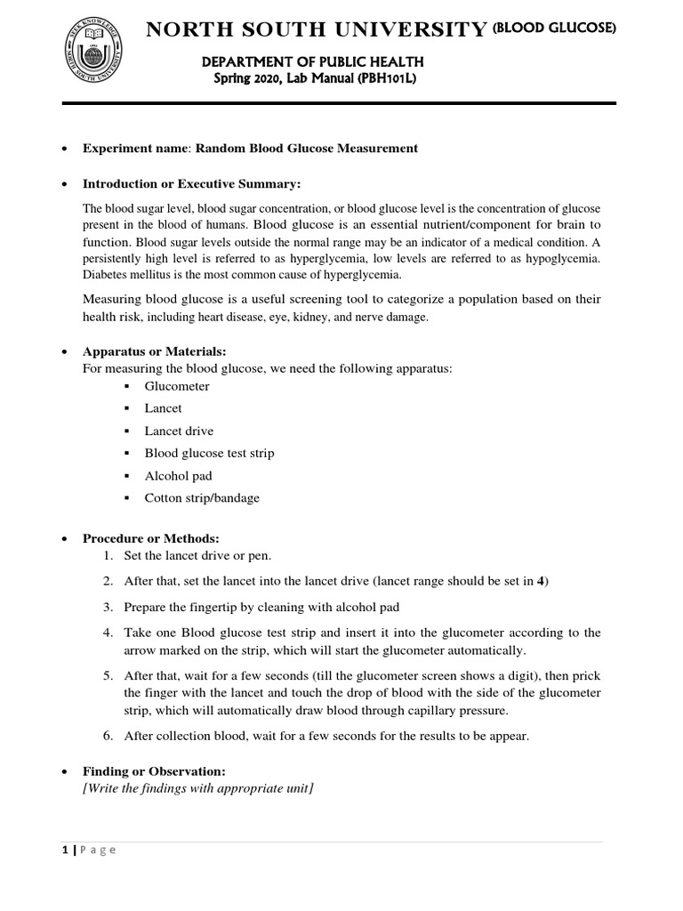 Blood Glucose Measurement Lab Guide | PDF | Hyperglycemia | Hypoglycemia