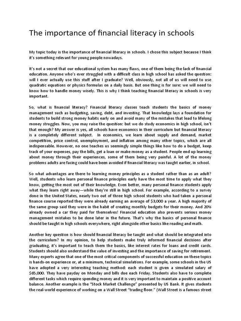 Public Speech. The Importance of Financial Literacy in Schools | PDF ...