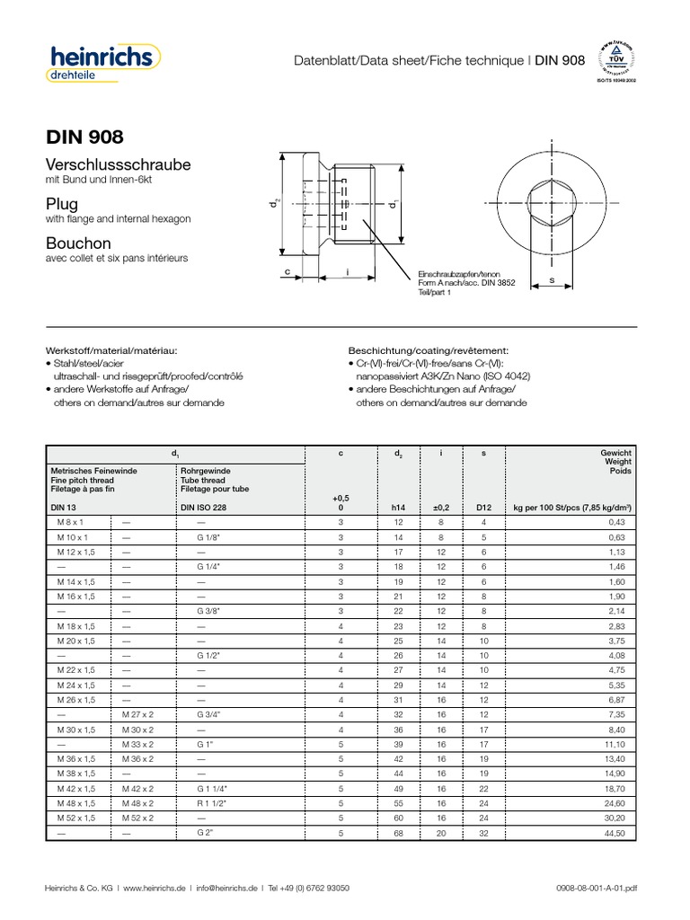 Verschlussschraube Plug Bouchon: Datenblatt/Data Sheet/fiche Technique - DIN 908 | PDF
