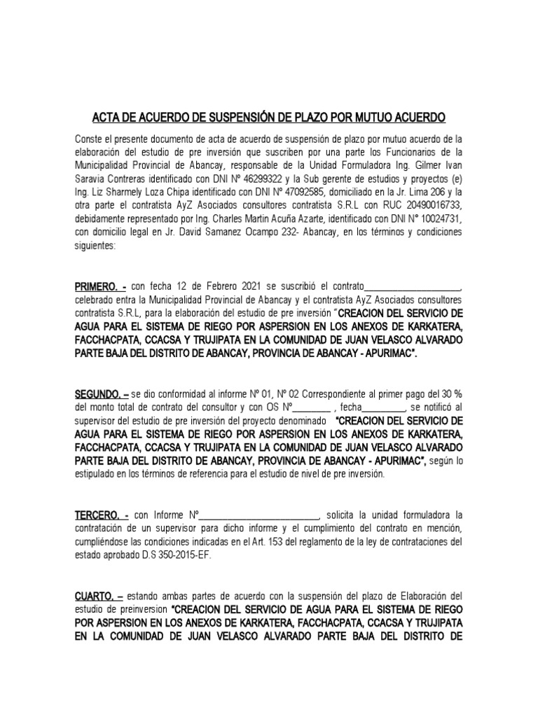 Acta de Acuerdo de Suspension de Plazo de Ejecucion de Obra 1 | PDF | Gobierno