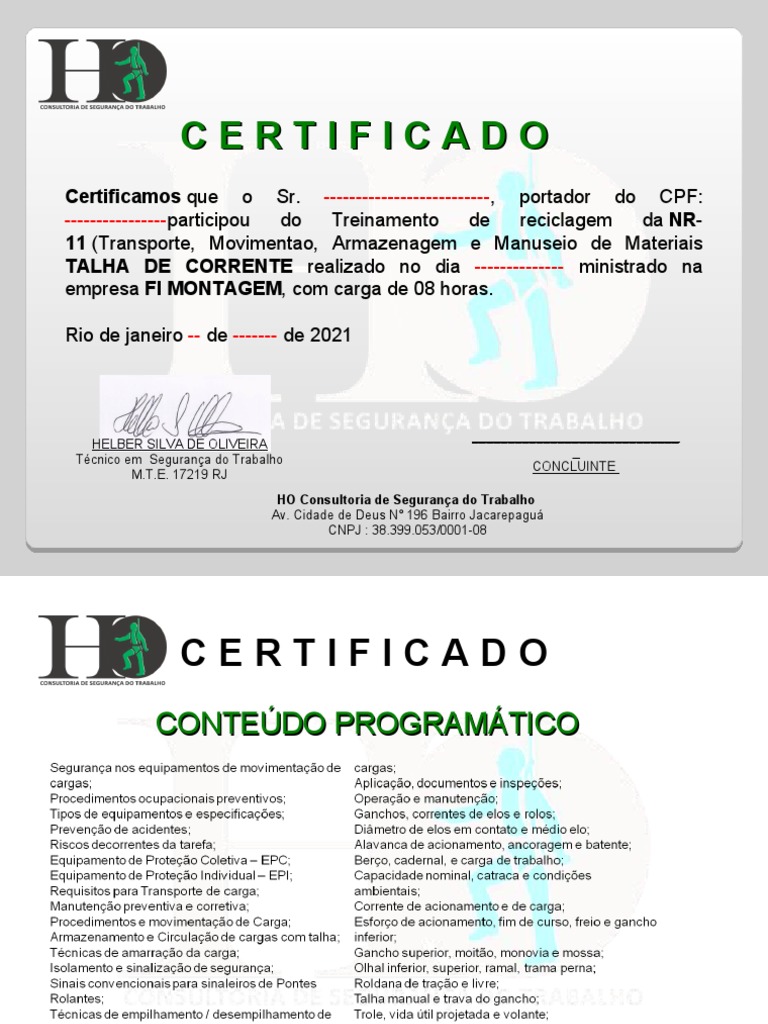 Certificado de Treinamento de NR 11 Talha de Corrente | PDF