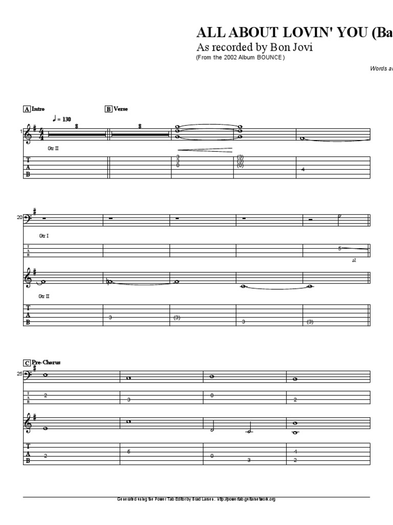 Jon Bon Jovi - All About Lovin You Bass | PDF | Glam Rock | Rock Music