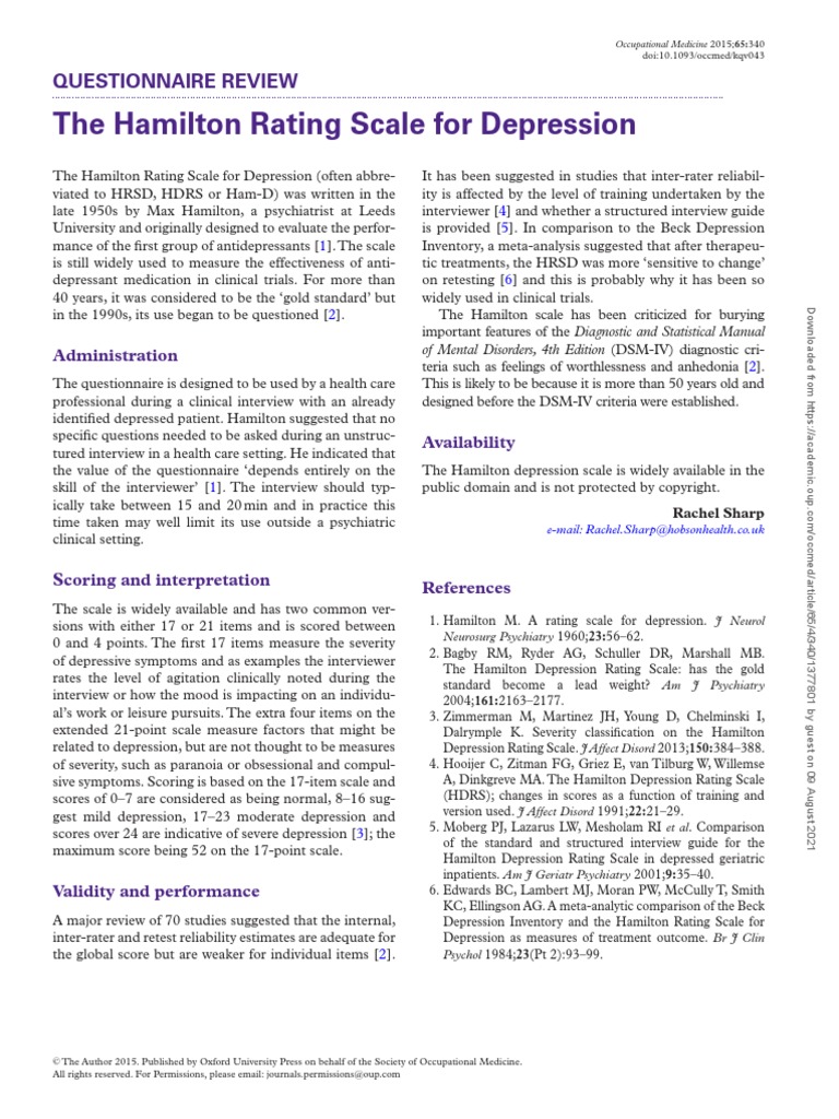 The Hamilton Rating Scale For Depression: Questionnaire Review | PDF ...