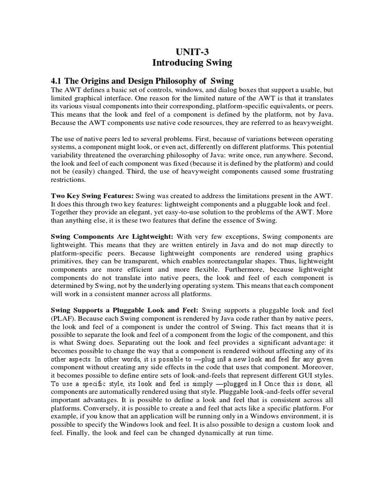 UNIT-3 Introducing Swing: 4.1 The Origins and Design Philosophy of ...