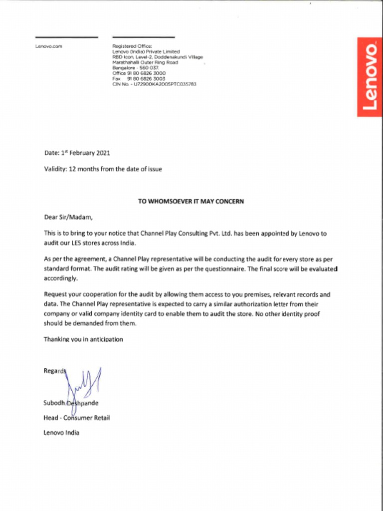 Lenovo Authorization Letter | PDF
