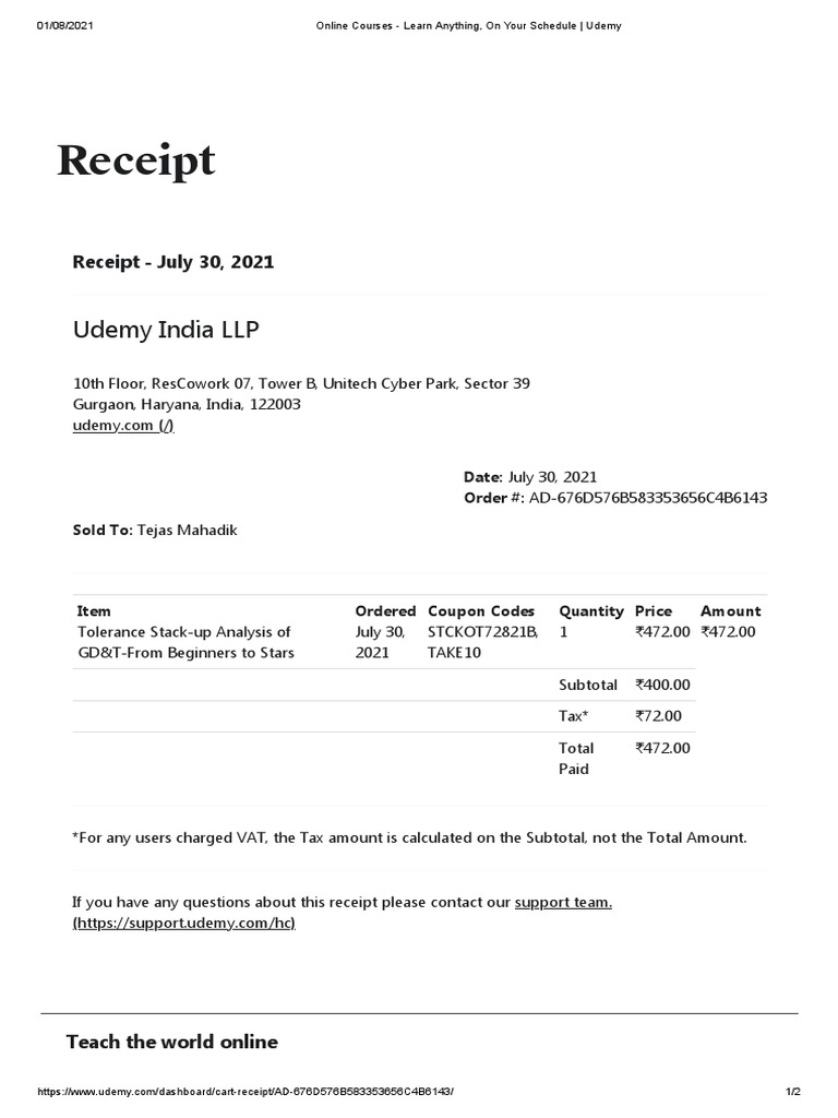 Udemy Receipt (Tejas Mahadik) | PDF | Government Finances | Economies
