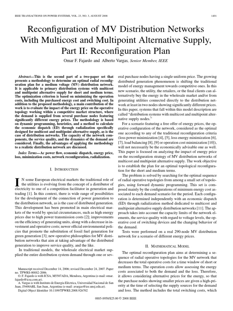 Reconfiguration of MV Distribution Networks With Multicost and ...