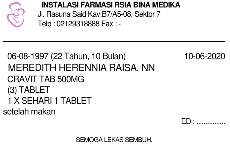 06-08-1997 (22 Tahun, 10 Bulan) 10-06-2020 Cravit Tab 500Mg (3) Tablet ...