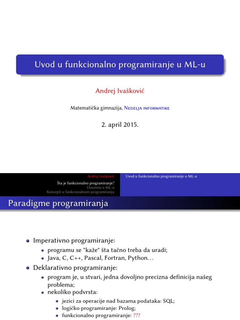 Uvod U Funkcionalno Programiranje U ML-u | PDF
