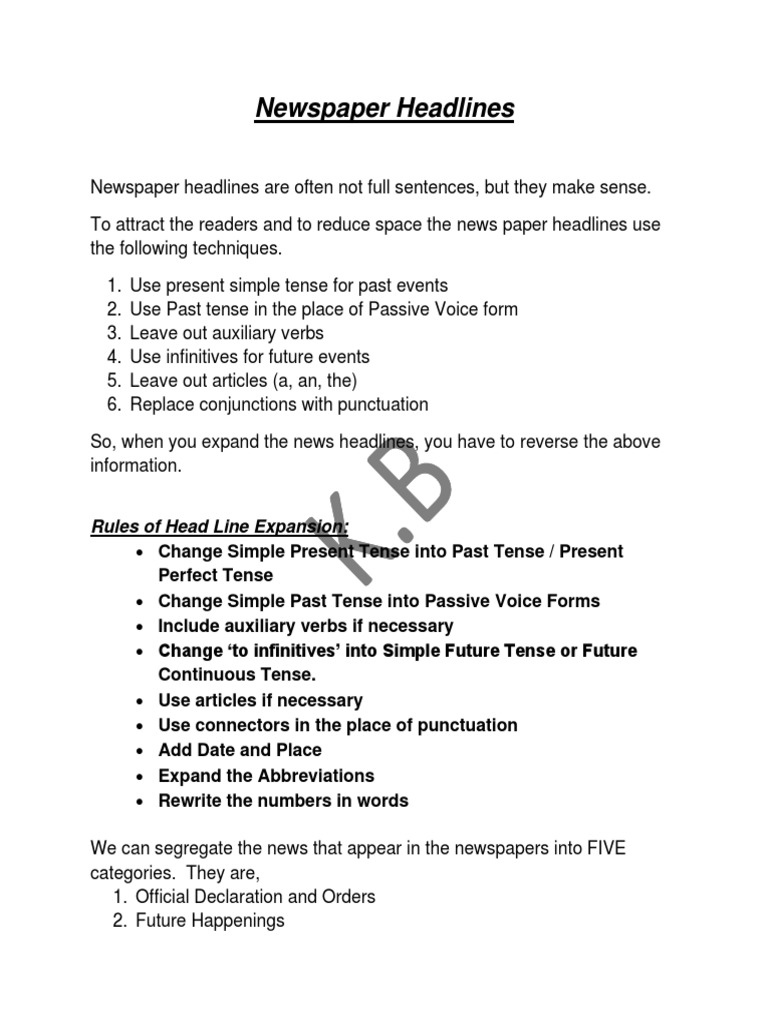 Newspaper Headlines: Rules of Head Line Expansion | PDF | Grammatical ...