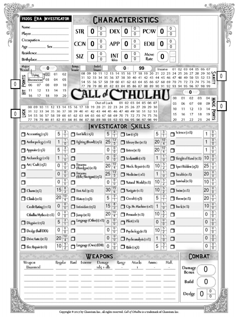 CoC - 7th Edition Character Sheet - Fillable | PDF