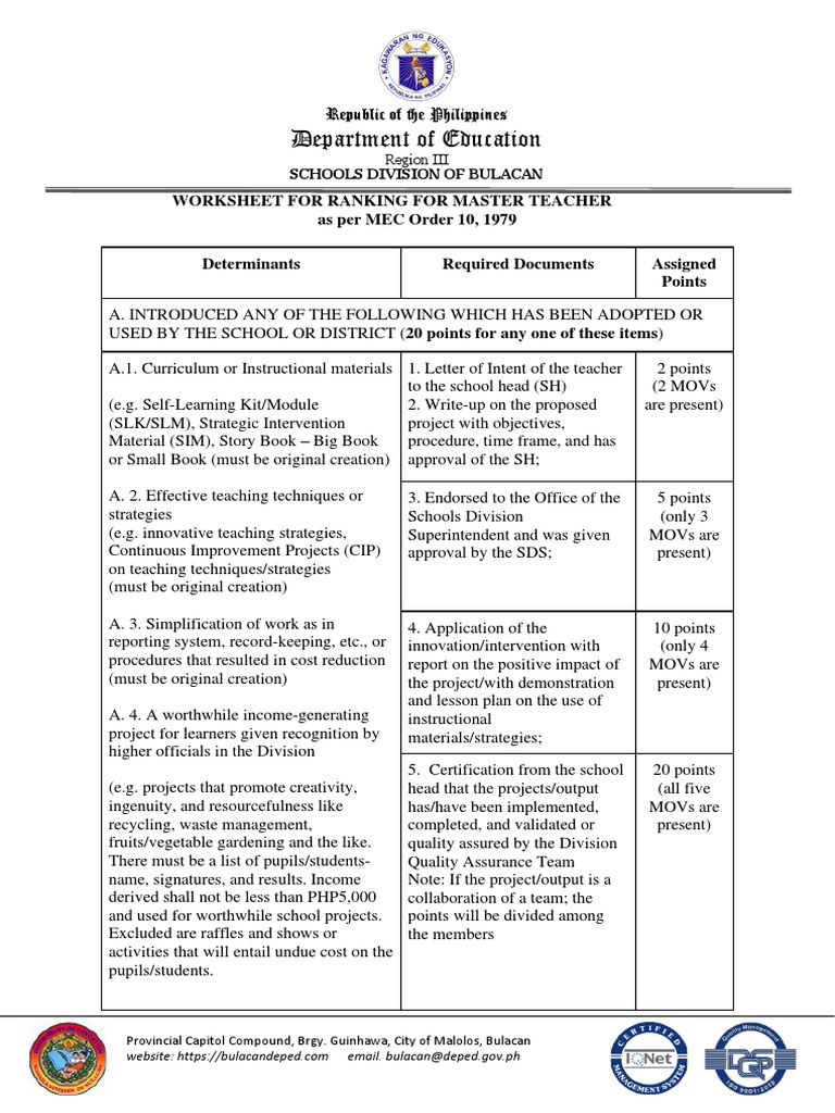 Worksheet For Ranking of Master Teachers | PDF | Teaching | Learning