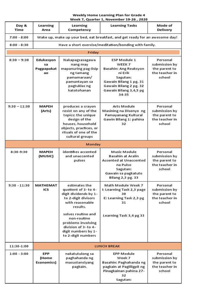 Weekly Home Learning Plan For Grade 4 Week 7, Quarter 1, November 19-26 ...