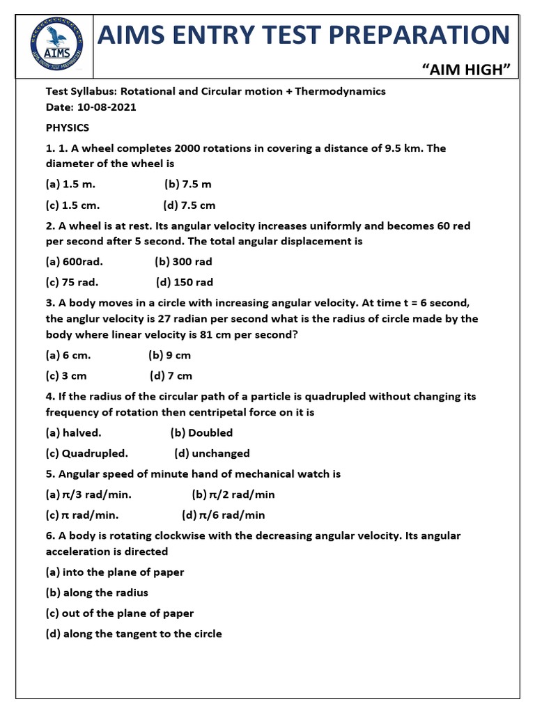 Aims Entry Test Preparation: "Aim High" | PDF | Acceleration | Speed
