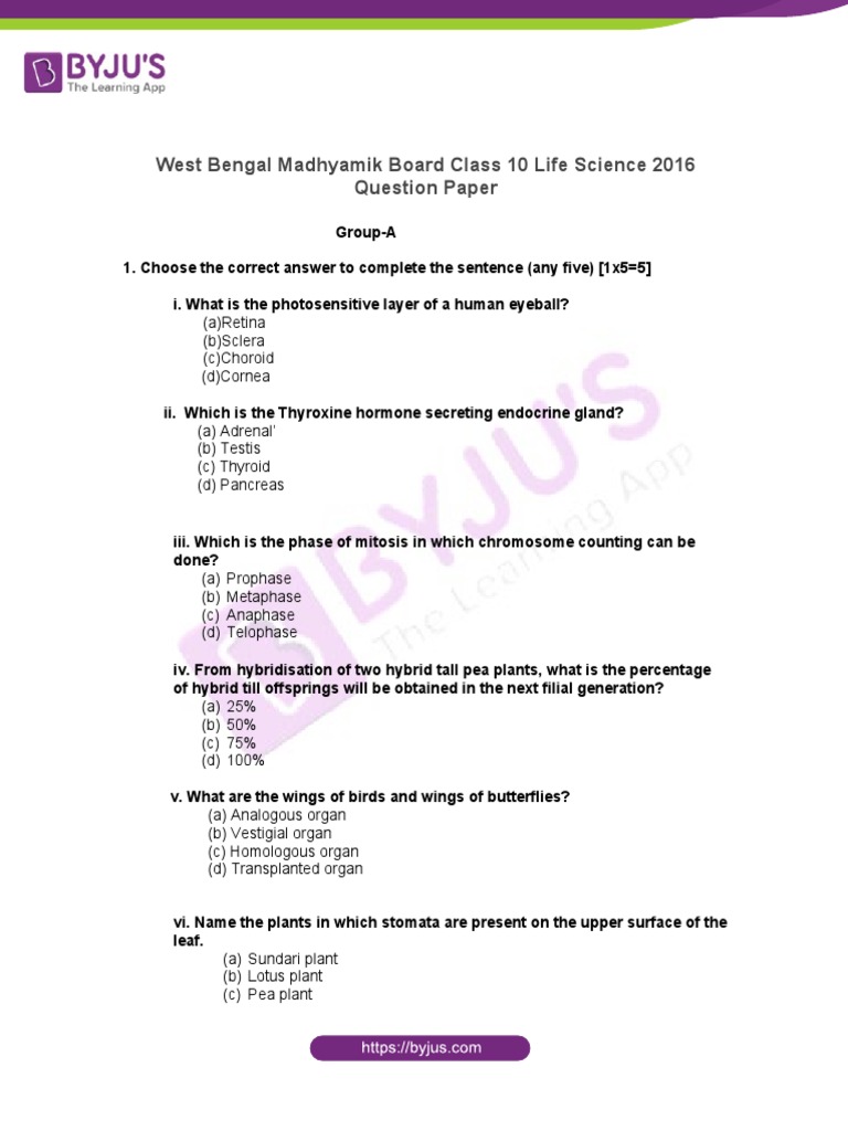 West Bengal Board Class 10 Life Science 2016 Question Paper | PDF ...