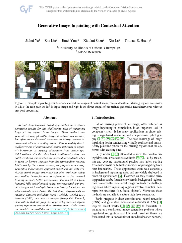 Generative Image Inpainting with Contextual Attention | PDF | Attention | Deep Learning