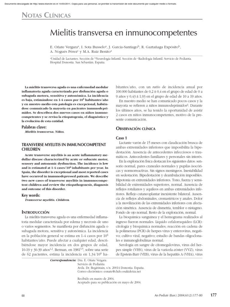 Mielitis Transversa Aguda | PDF | Epidemiología | Especialidades Medicas