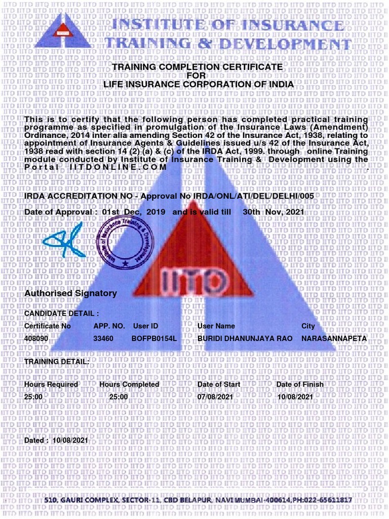 Life Insurance Training Completion Certificate | PDF