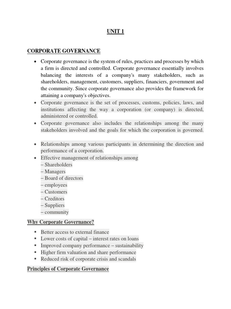 Unit 1: Why Corporate Governance? | PDF | Board Of Directors ...