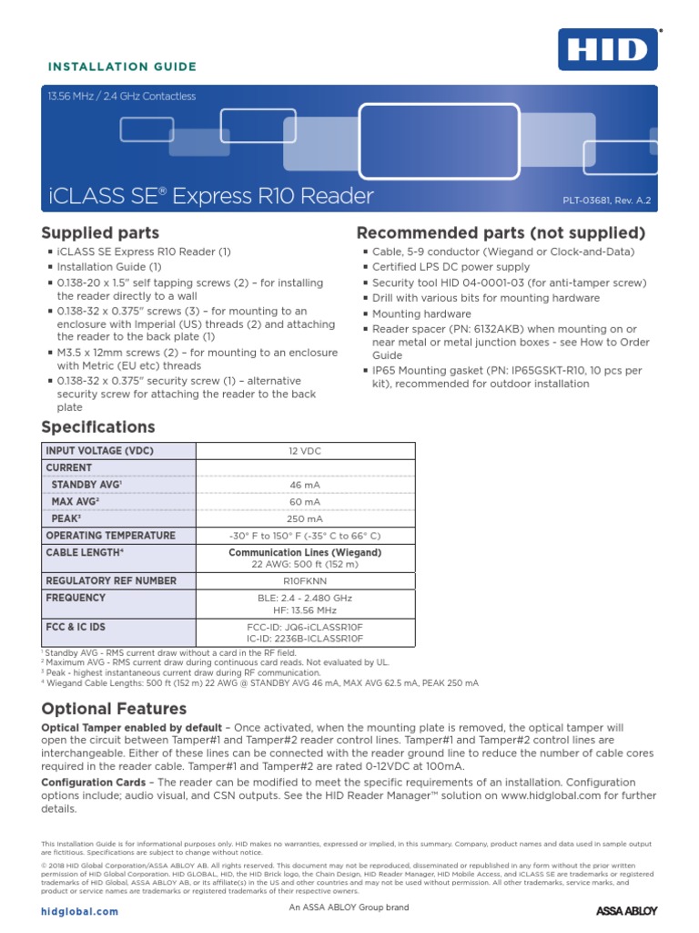 iCLASS SE® Express R10 Reader: Supplied Parts Recommended Parts (Not ...