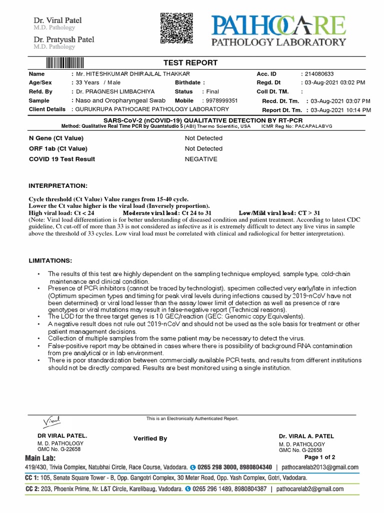 Test Report: Naso and Oropharyngeal Swab | PDF | Medical Specialties ...