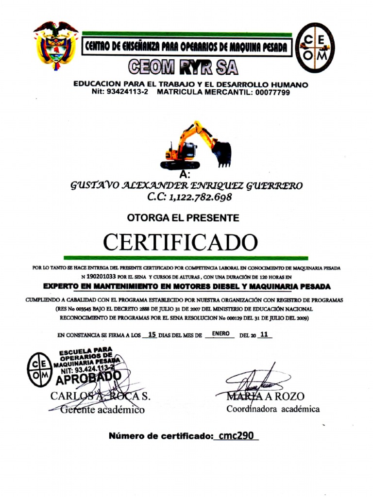 Certificado Mecanica Diesel | PDF