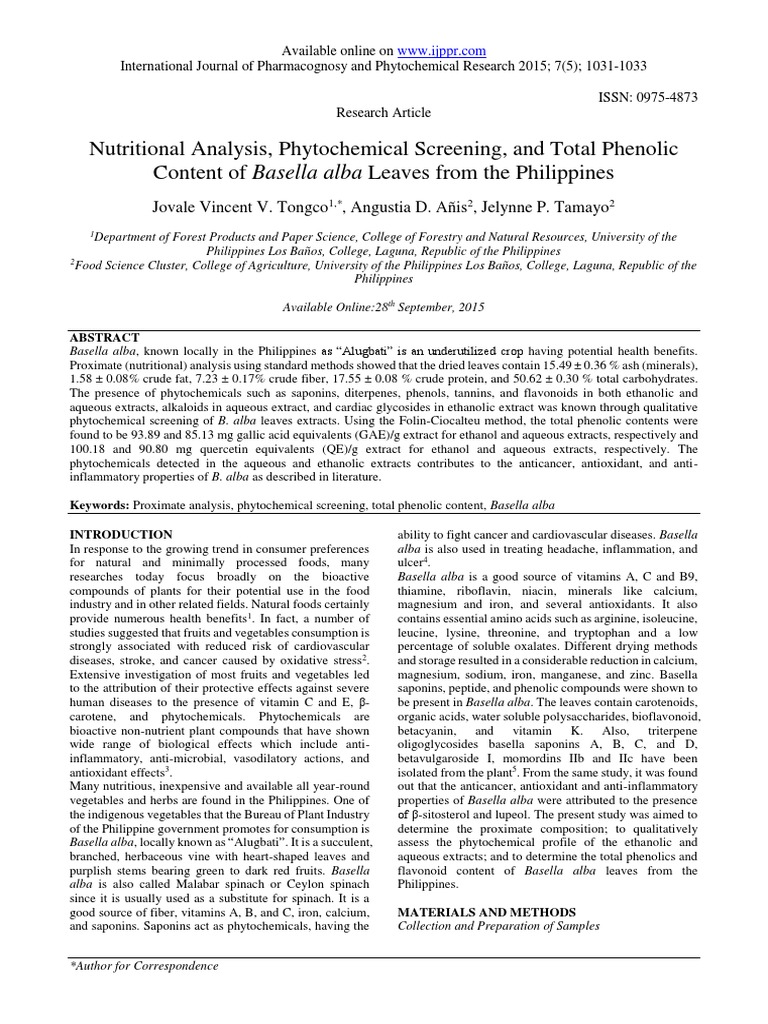 Nutritional Analysis, Phytochemical Screening, and Total Phenolic Content of Basella Alba Leaves ...
