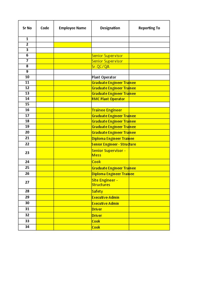 SR No Code Employee Name Designation Reporting To 1 2 3 6 7 8 9 10 11 ...
