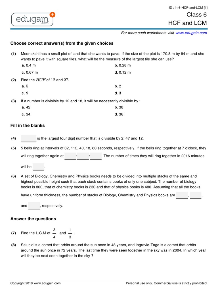 Grade 6 HCF and LCM in | PDF | Numbers | Ring (Mathematics)