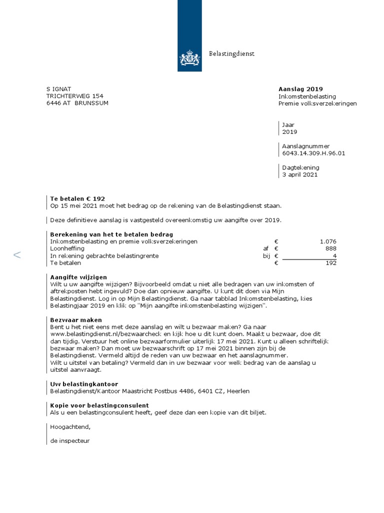 Def Aanslag Inkomstenbelasting 2019 | PDF