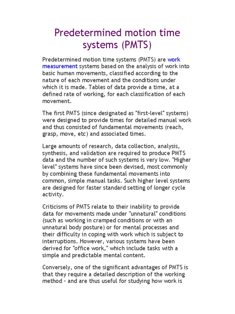 Predetermined Motion Time Systems - PMTS | PDF