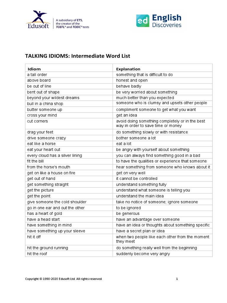 TALKING IDIOMS: Intermediate Word List: Idiom Explanation | PDF