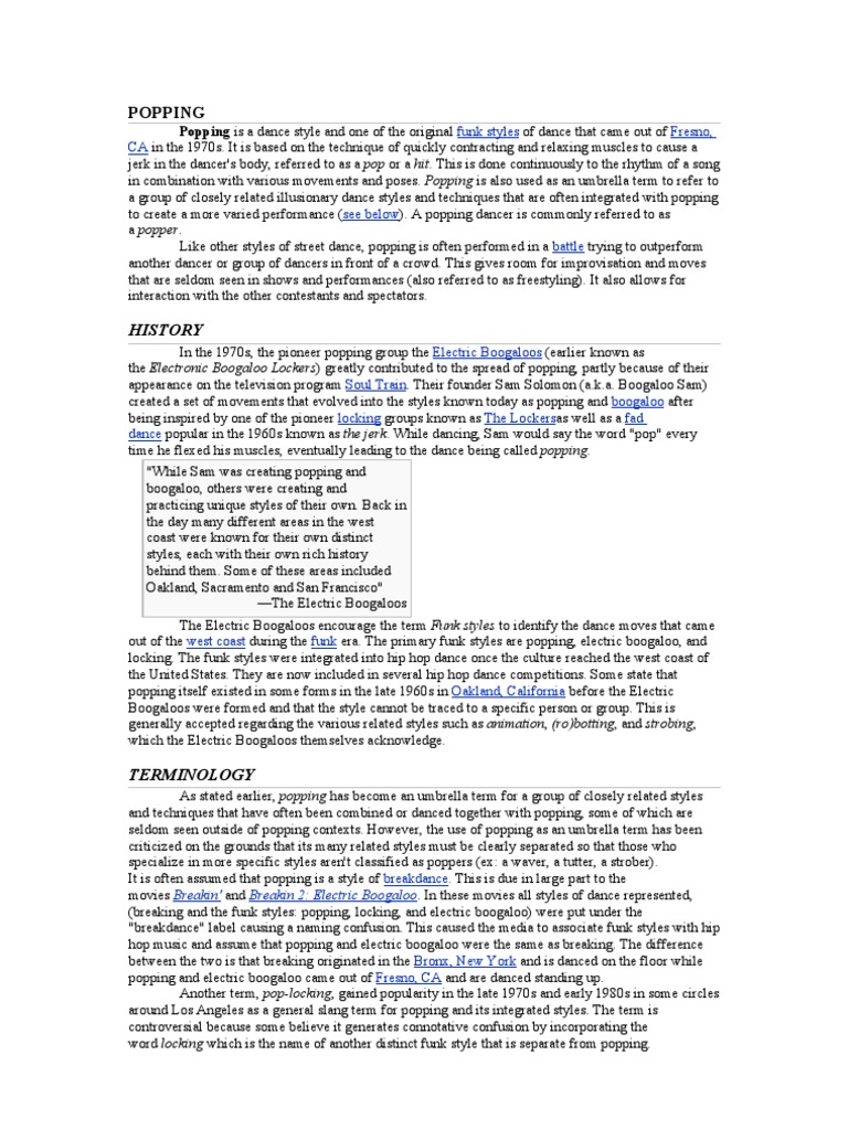 History and Techniques of Popping Dance | PDF | Popular Music | Dances