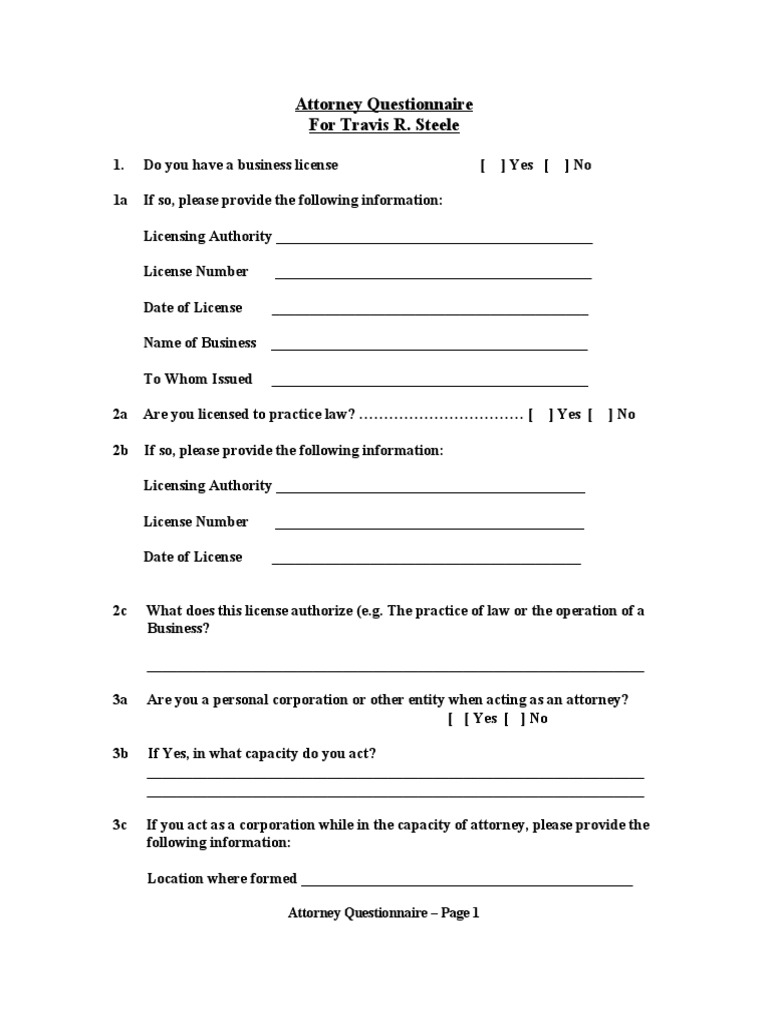 Attorney Questionnaire For Travis R. Steele | PDF | Corporations | Lawyer