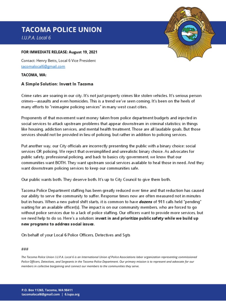 Tacoma Police Union Statement On Crime | PDF