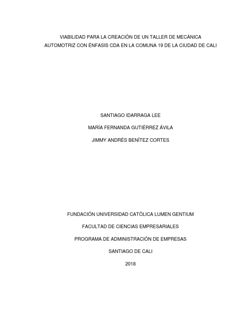 Viabilidad para Creación Taller Mecánica Automotriz Énfasis Cda Comuna 19 Ciudad Cali | PDF ...