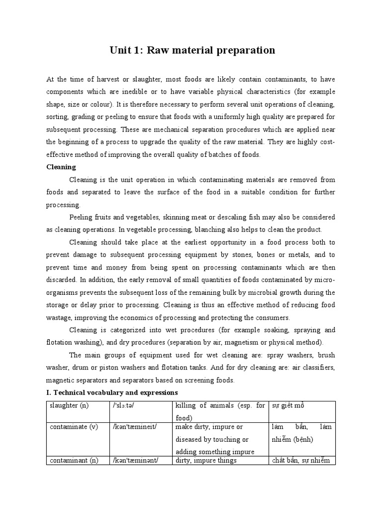 Unit 1: Raw Material Preparation: Cleaning | PDF | Foods | Verb