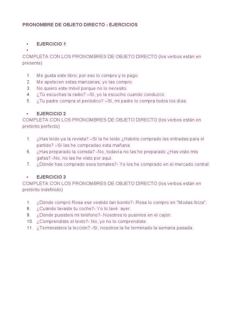 Pronombre de Objeto Directo - Ejercicios | PDF