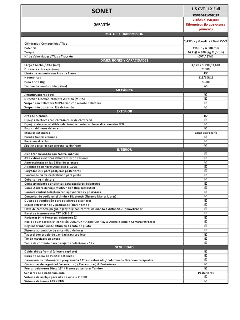 Ficha Técnica SONET LX FULL CVT | PDF | Industria automotriz | Vehículo de motor