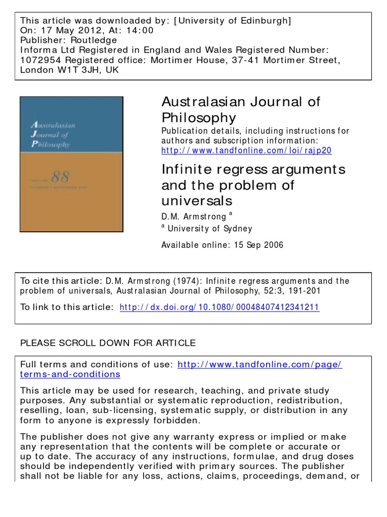 Armstrong1974 Infinite Regress Argument and The Problem of Universals ...