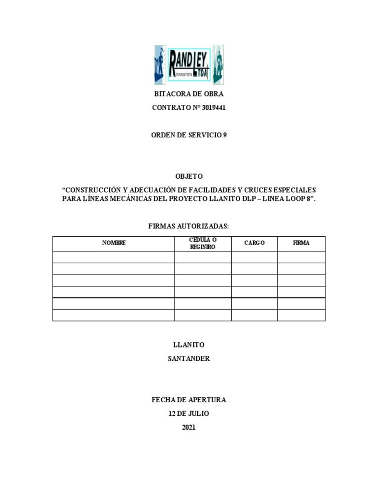 Portada Bitacora de Obra | PDF