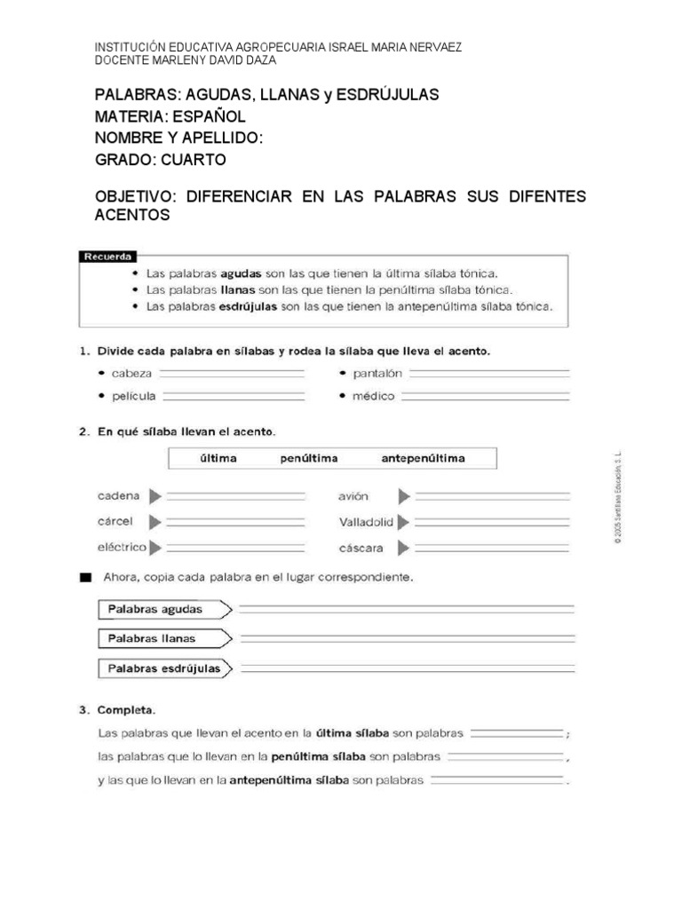Trabajo Español 4, Palabras Agudas | PDF