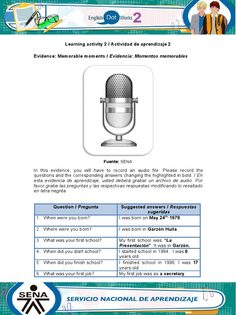 Learning Activity 2 / Actividad de Aprendizaje 2 Evidence: Memorable Moments / Evidencia ...